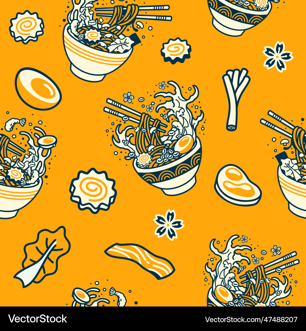 Seamless pattern of ramen noodle and ingredient Vector Image