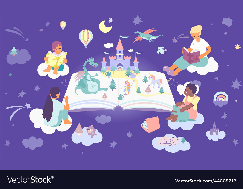 Fairy tales reading flat background Royalty Free Vector