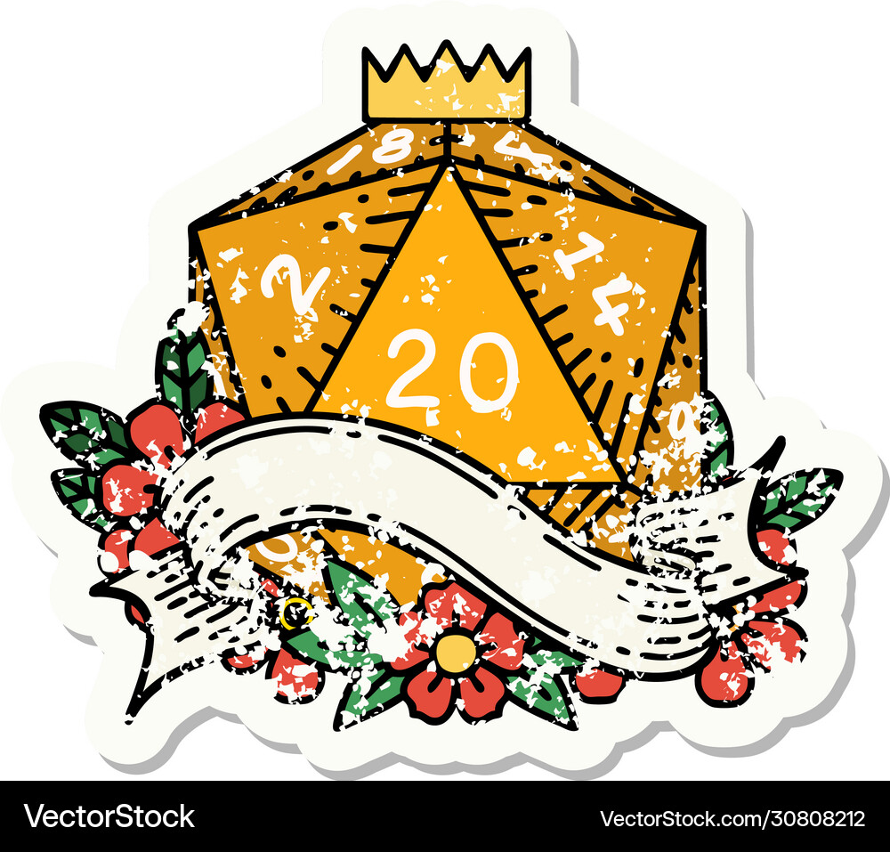 Natural twenty d20 dice roll grunge sticker Vector Image