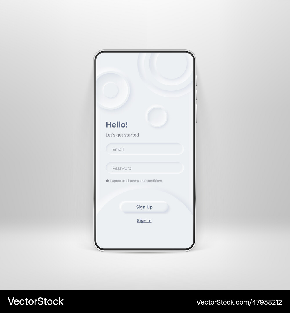 Neumorphic ui kit on smartphone screen login and Vector Image