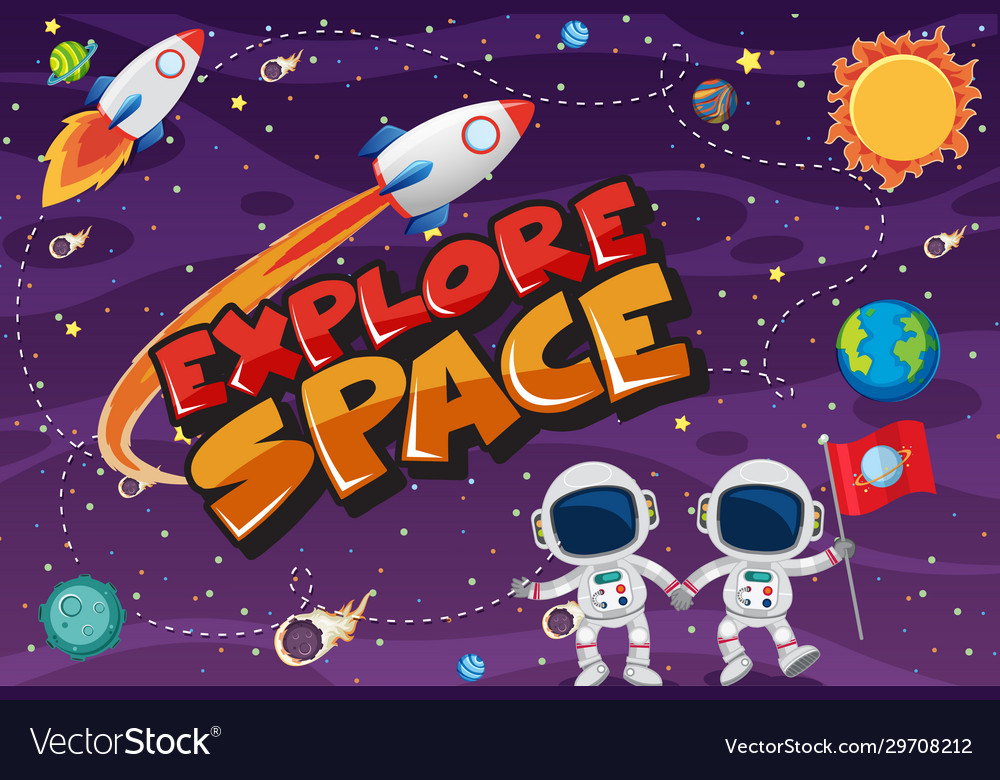 Poster design with astronauts and many planets Vector Image