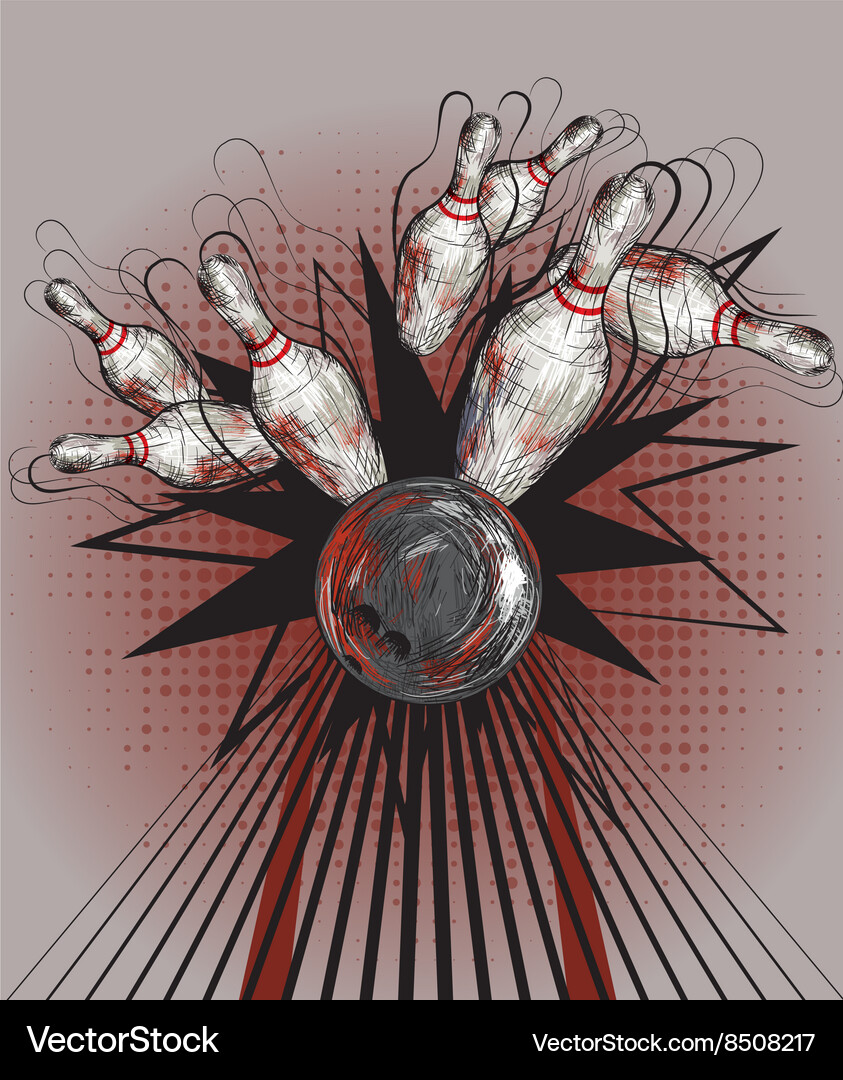 Bowling ball crashing into pins design Royalty Free Vector