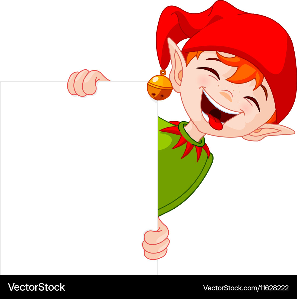 Christmas elf holds sign Royalty Free Vector Image