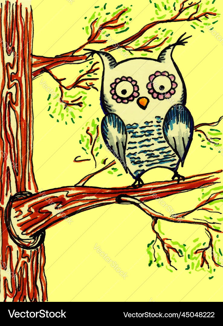 Sketched cartoon owl on the tree branches Vector Image