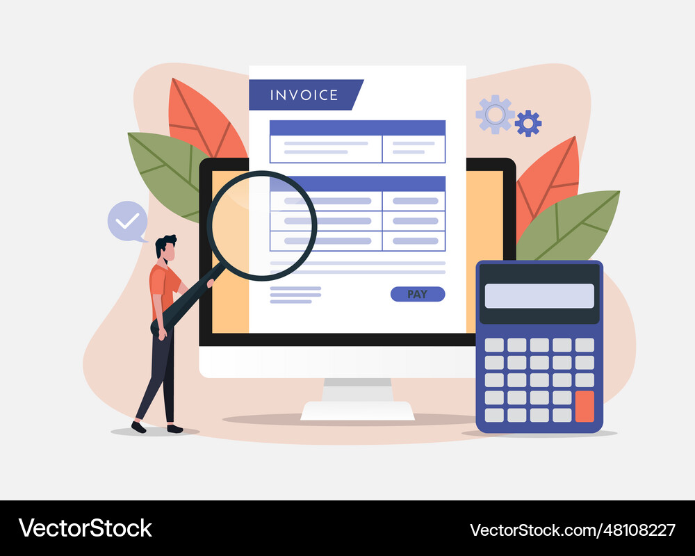 Invoice concept man holds magnify glass Royalty Free Vector