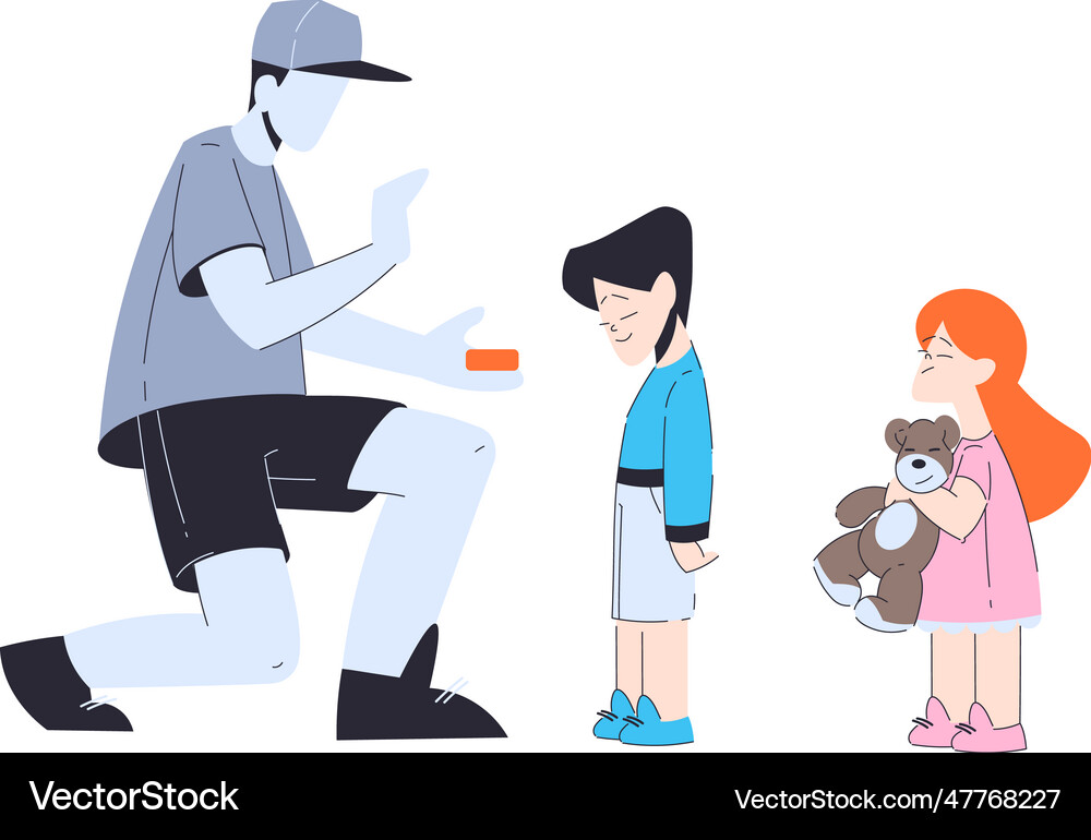 Suspicious man stranger offering candy to little Vector Image