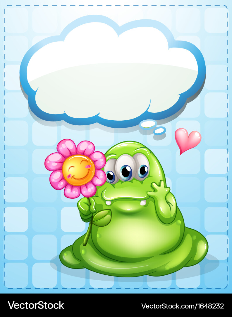 A fat green monster holding a flower with an empty