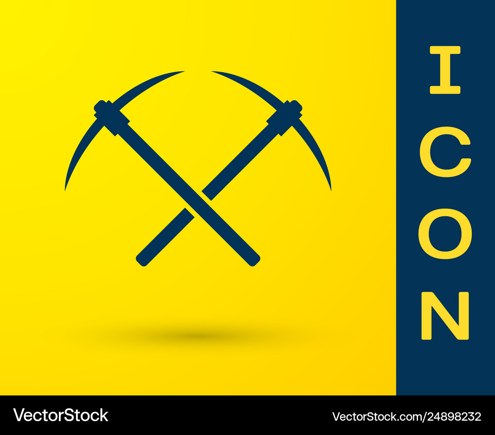 Blue crossed pickaxe icon isolated on yellow Vector Image