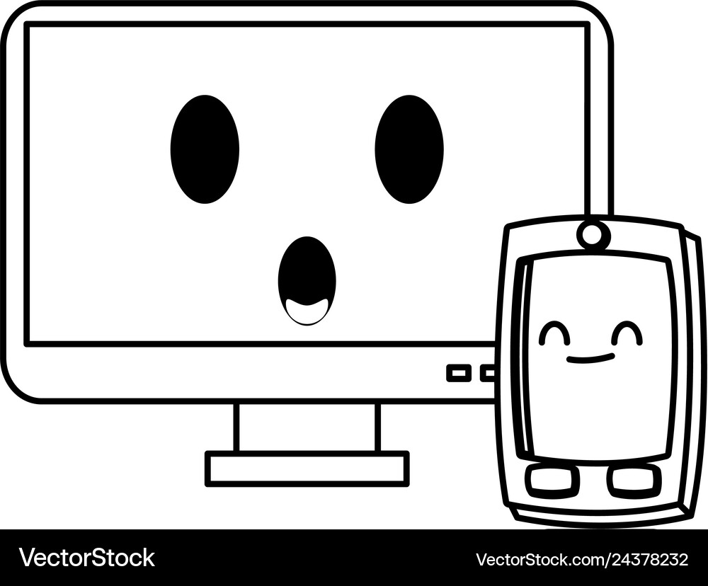 Computer and smartphone kawaii cartoon in black Vector Image