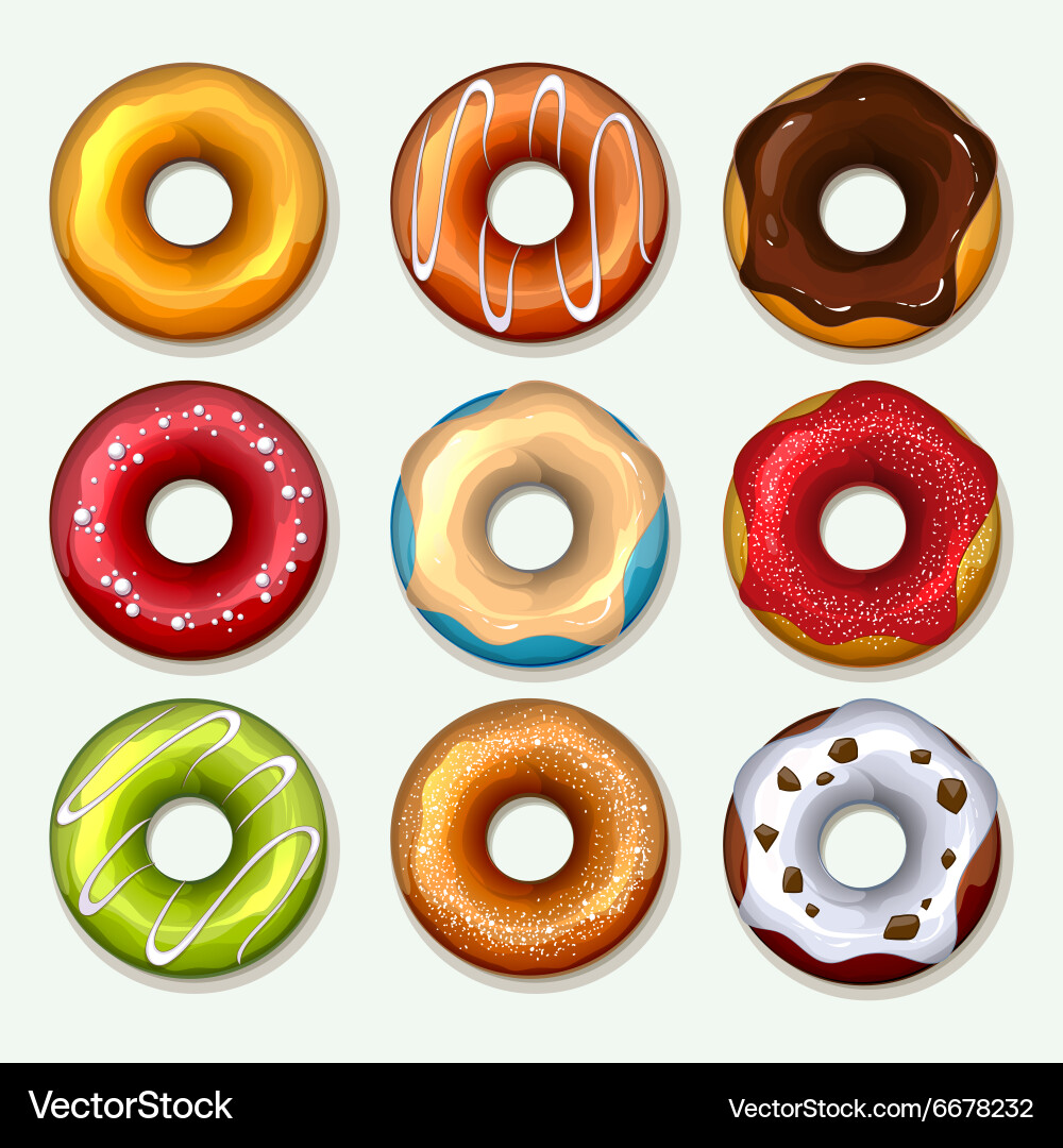 Donuts icons set in cartoon style Royalty Free Vector Image