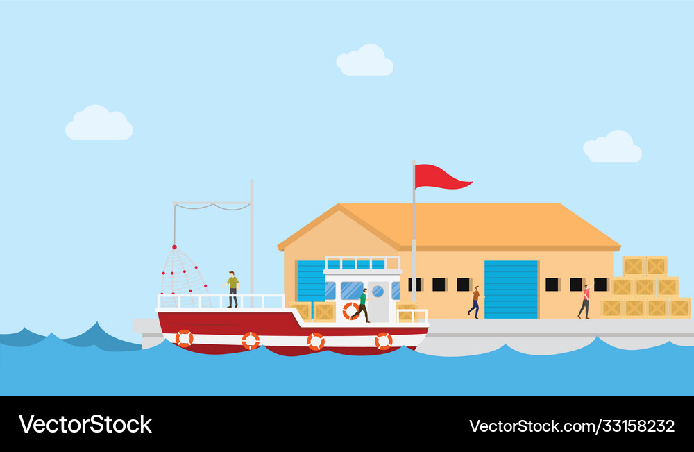 Fishery industry concept on small port Royalty Free Vector