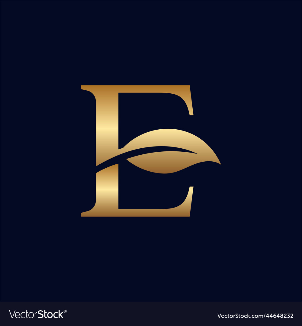Gold logo e with leaf Royalty Free Vector Image