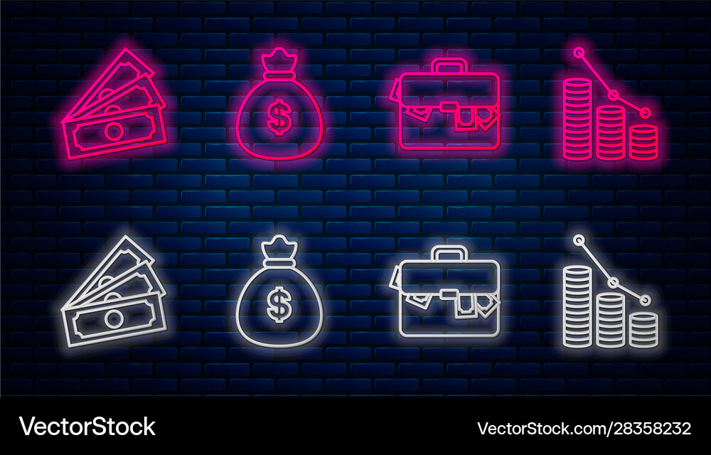 Set line money bag briefcase and money stacks Vector Image