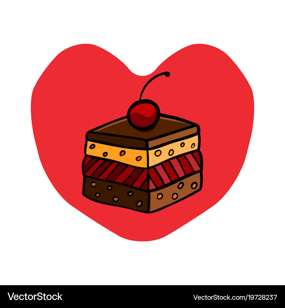 Colorful cute cherry cake on red heart background Vector Image