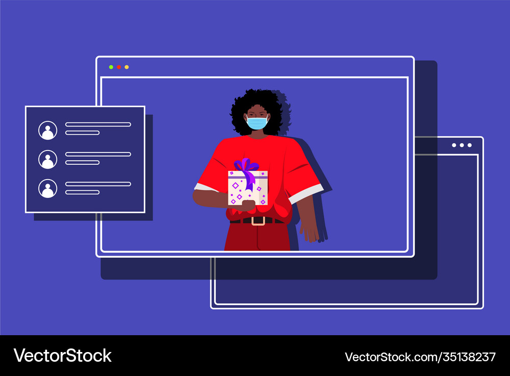 Santa woman in web browser window holding gift box