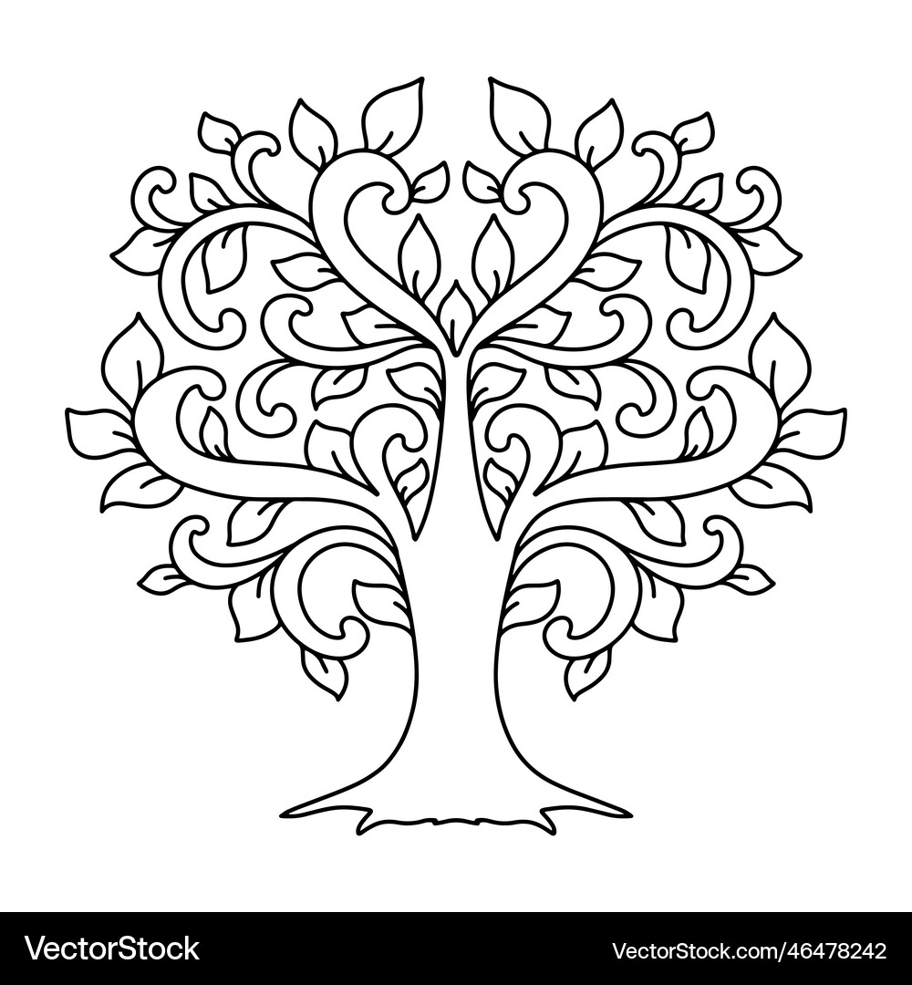 Coloring book page with flowering tree in doodle Vector Image