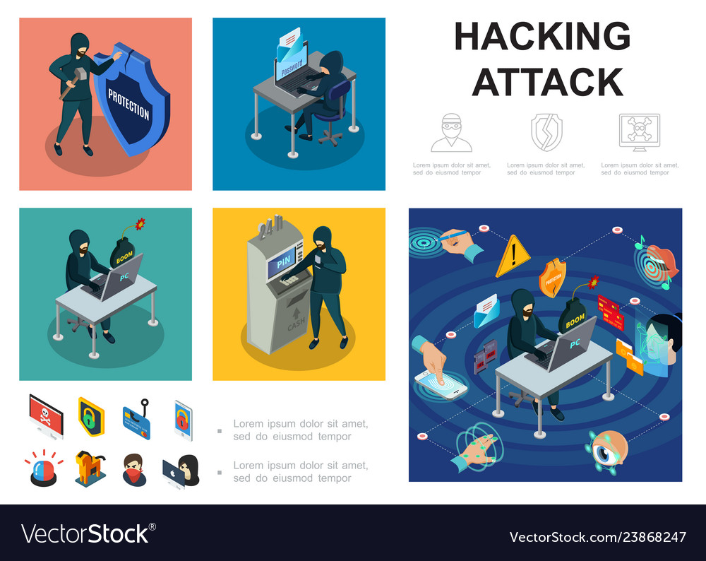Isometric hacker activity infographic template Vector Image