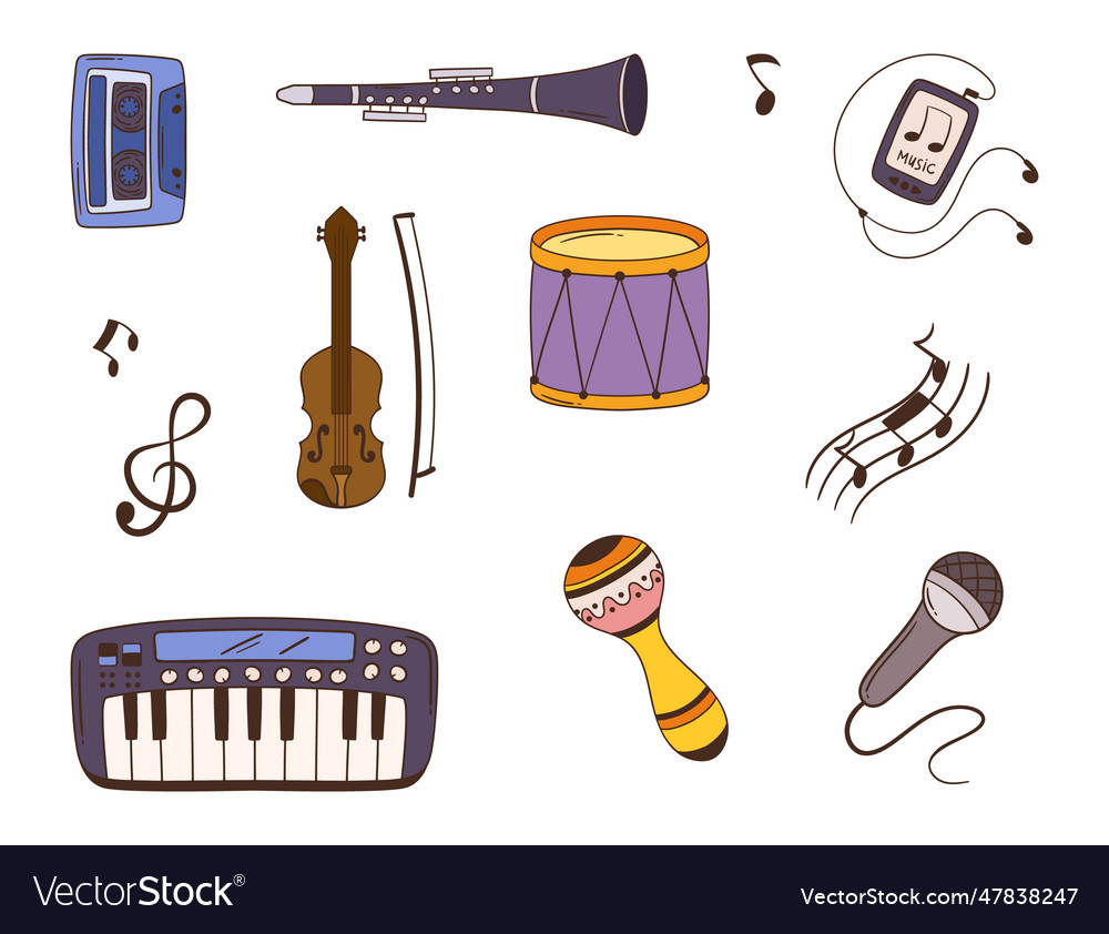 Set of doodle musical instrument and music items Vector Image