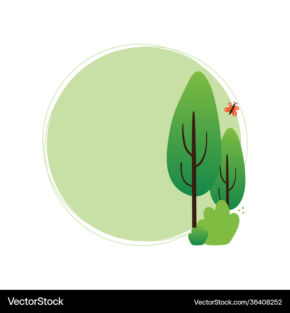Round frame with green trees bushes and butterfly Vector Image