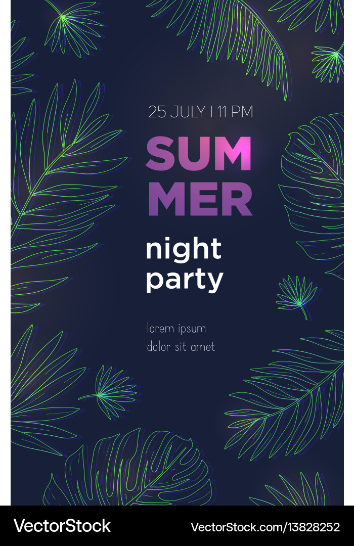 Summer night party poster template with palm Vector Image