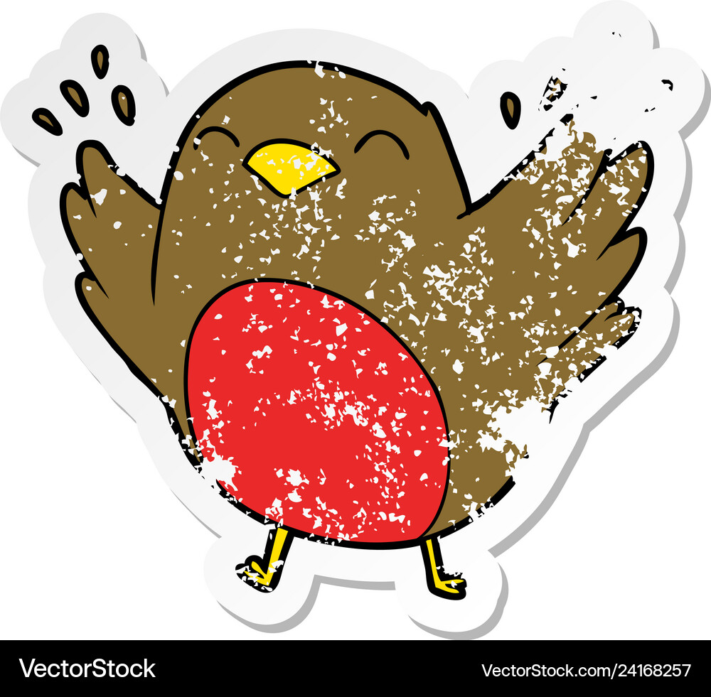 Distressed sticker of a cartoon robin flapping Vector Image