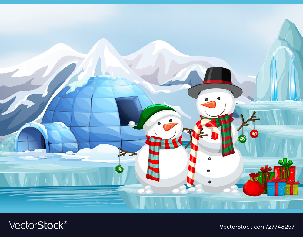 Scene with snowman and igloo Royalty Free Vector Image