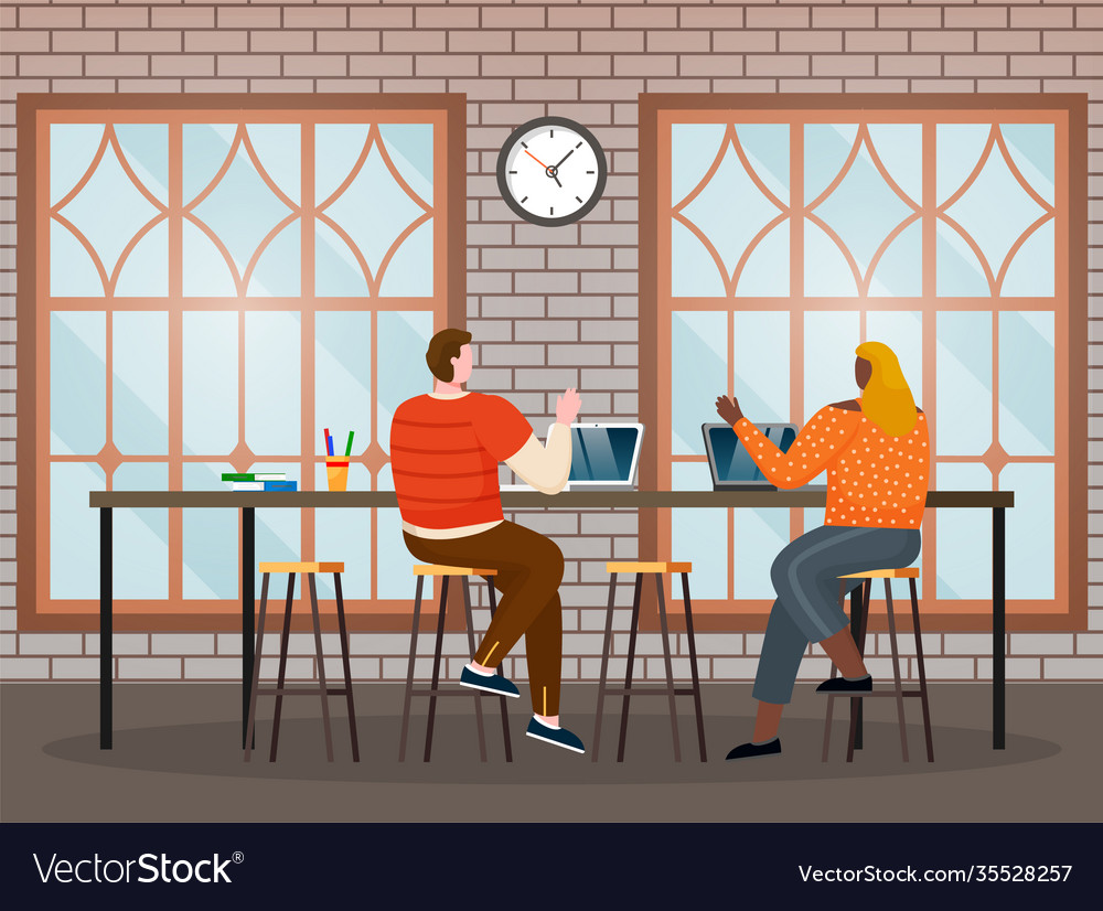 Young people working on laptops in modern co Vector Image