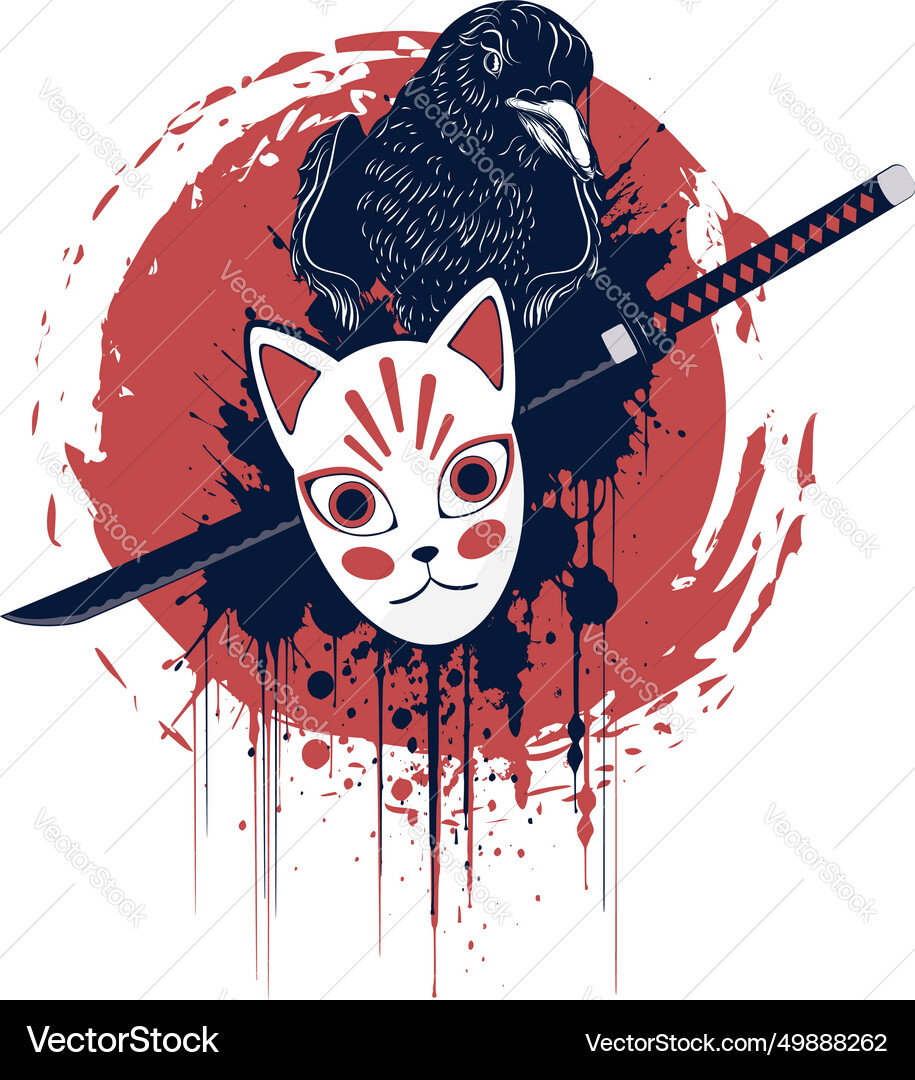 Crow kitsune mask and katana Royalty Free Vector Image