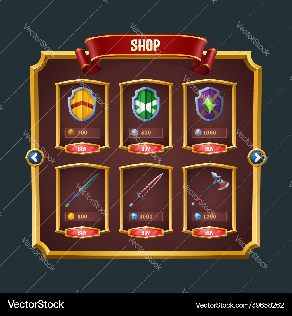 Game shop with medieval weapons and shields Vector Image