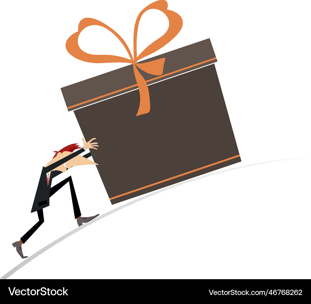 Young man pushing a huge present box Royalty Free Vector