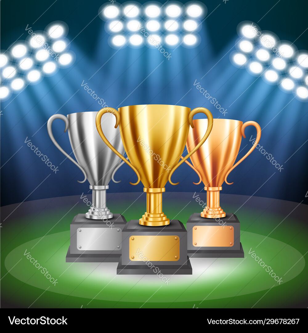 Champion trophies on illuminated spotlights Vector Image