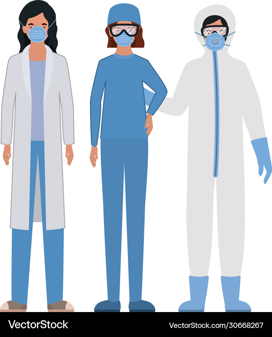 Doctors with protective suits glasses and masks Vector Image