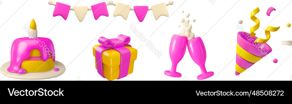 3d pink birthday icons set Royalty Free Vector Image