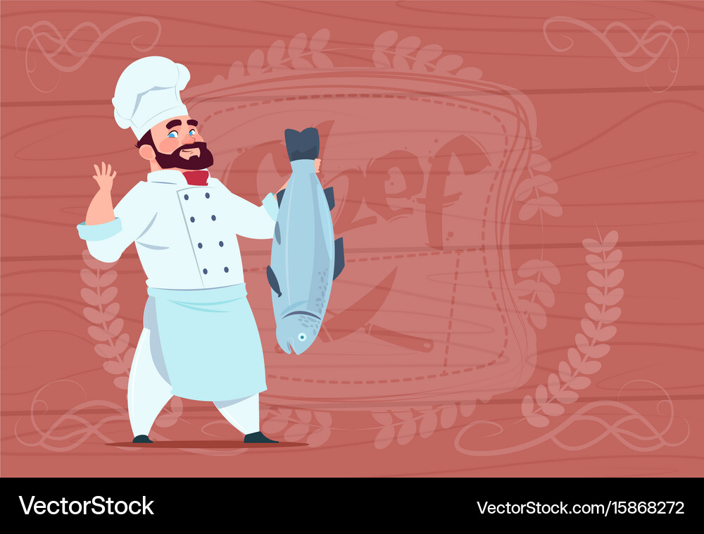 Chef cook hold fish smiling cartoon restaurant Vector Image