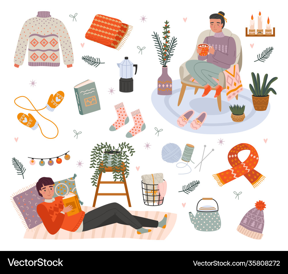 Cozy people characters relax time at home Vector Image
