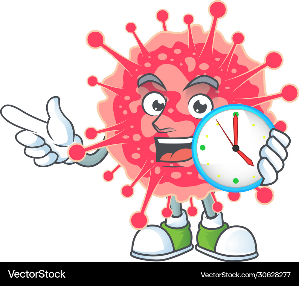 Cartoon cheerful coronavirus emergency with clock Vector Image