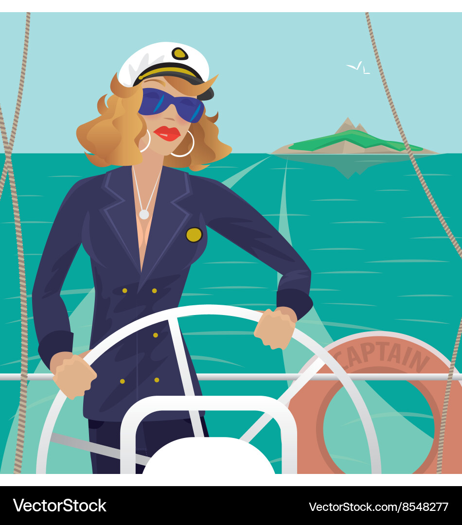 Sea captain female on deck with ships steering Vector Image