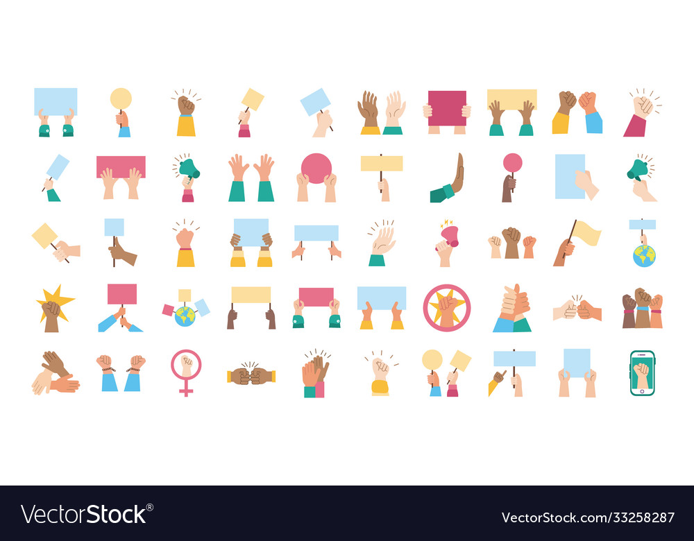 Bundle hands protest set icons Royalty Free Vector Image