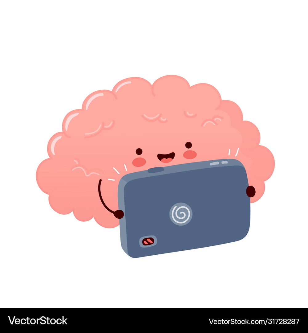 Cute brain watch video or play on smartphone Vector Image