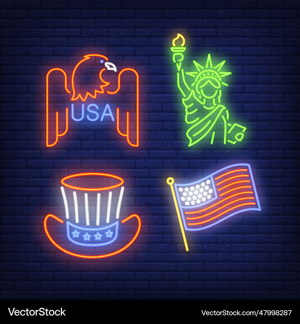 Usa symbols neon sign set flag eagle Royalty Free Vector