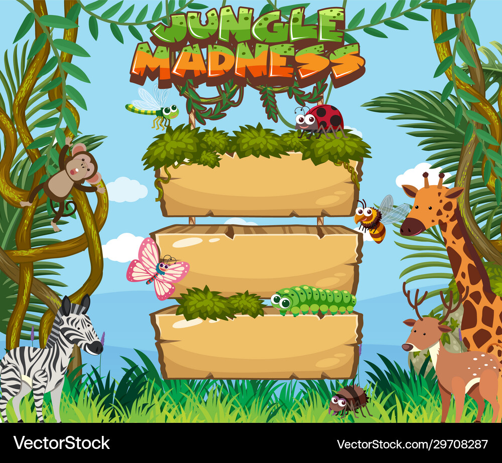 Wooden board template with many animals Royalty Free Vector