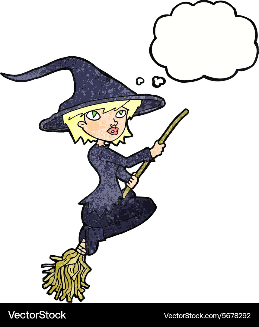 Cartoon witch riding broomstick with thought Vector Image