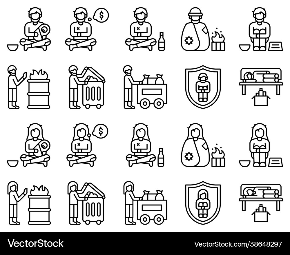 Homeless icon set 2 line style Royalty Free Vector Image