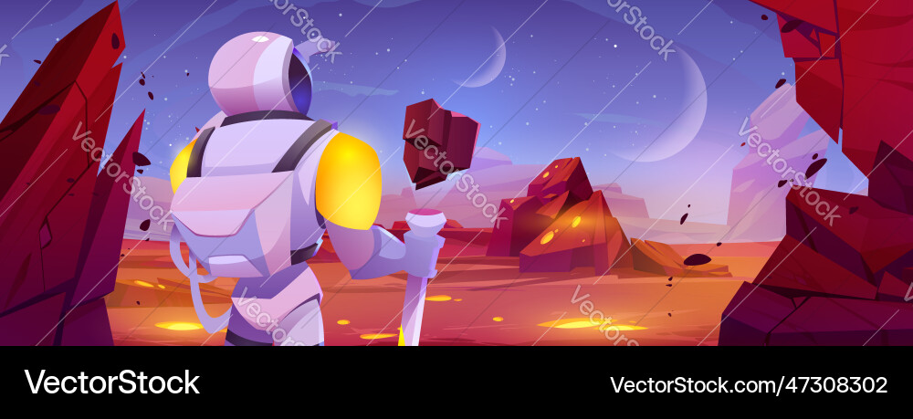 Cartoon astronaut standing on alien planet Vector Image