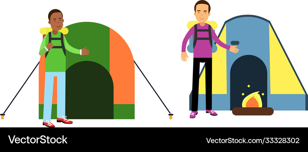 Male characters camping with fire and tent Vector Image