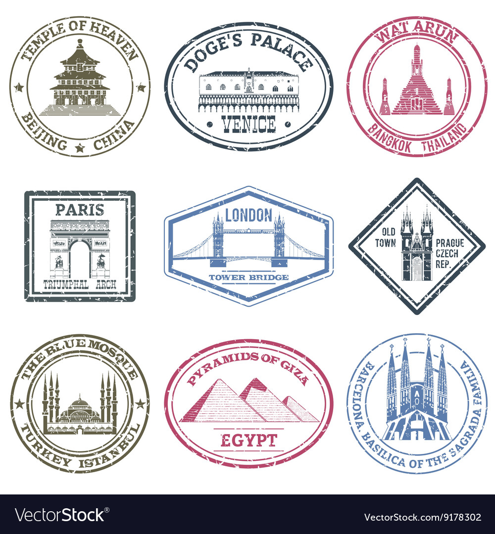 Monuments stamps set Royalty Free Vector Image