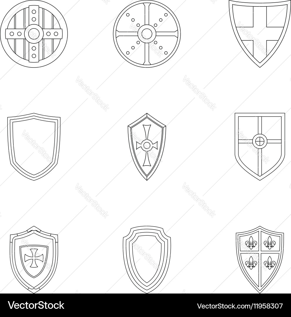 Army shield icons set outline style Royalty Free Vector