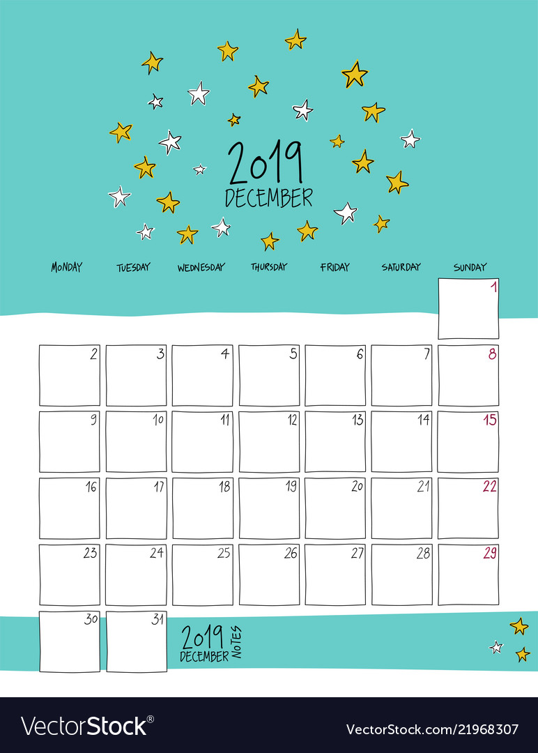 December 2019 wall calendar doodle style Vector Image