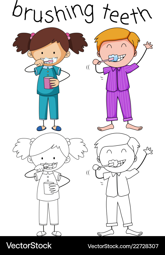 Doodle boy and girl brushing teeth Royalty Free Vector Image
