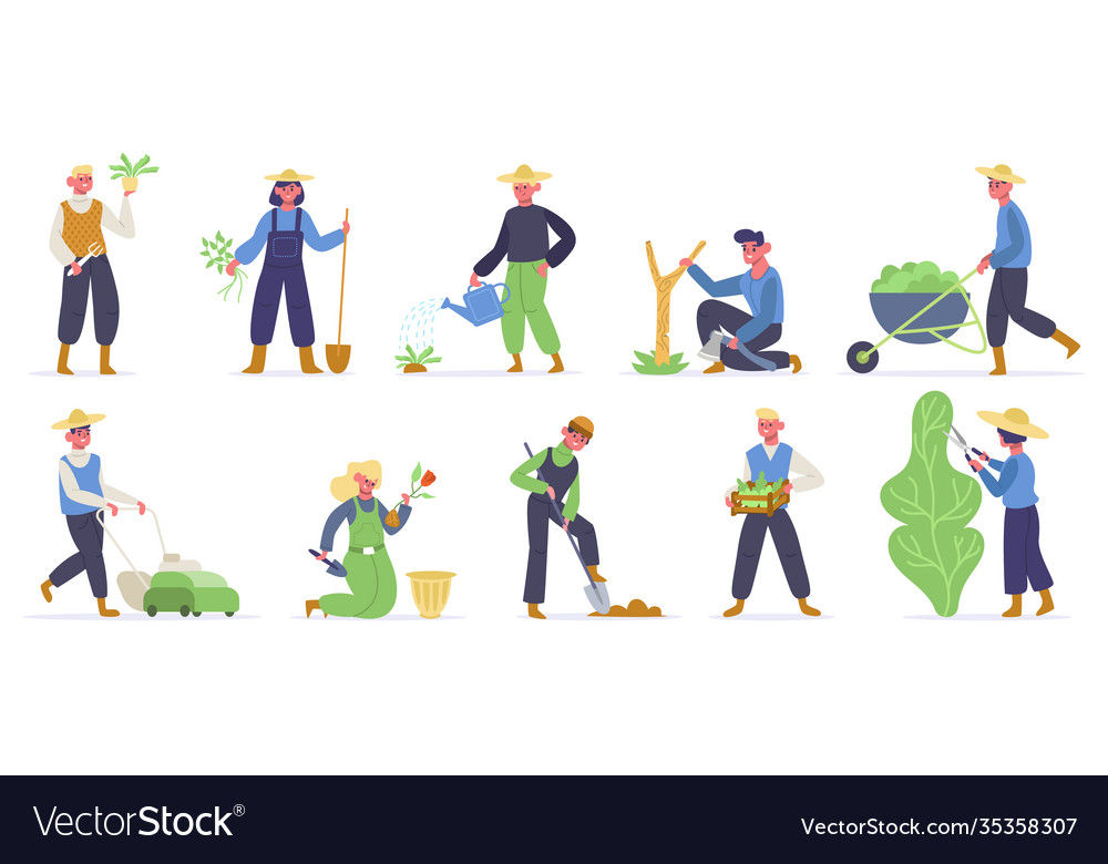 Gardening characters farm workers gardeners Vector Image Gardening characters farm workers gardeners Vector Image